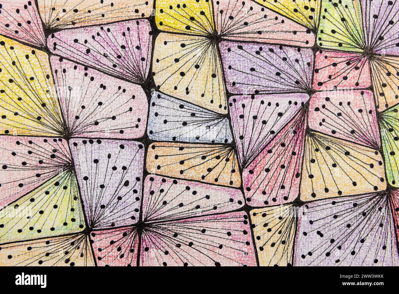 Dots and lines in colorful squares. The dabbing technique near the ...