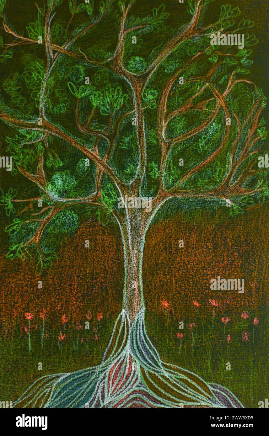 Tree with colorful roots in the night. The dabbing technique near the ...