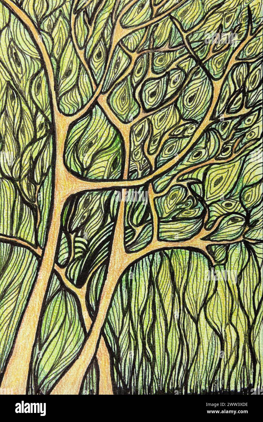 Graphic colorful trees with doodles. The dabbing technique near the ...