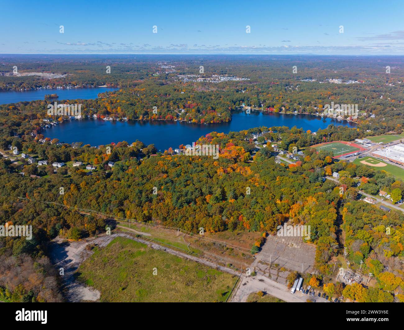 Lake Archer and Lake Pearl aerial view in fall near the historic town ...
