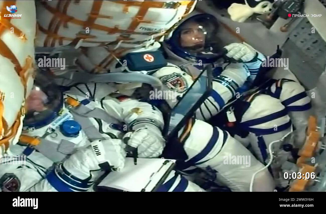 In this photo taken from video released by Roscosmos space corporation ...