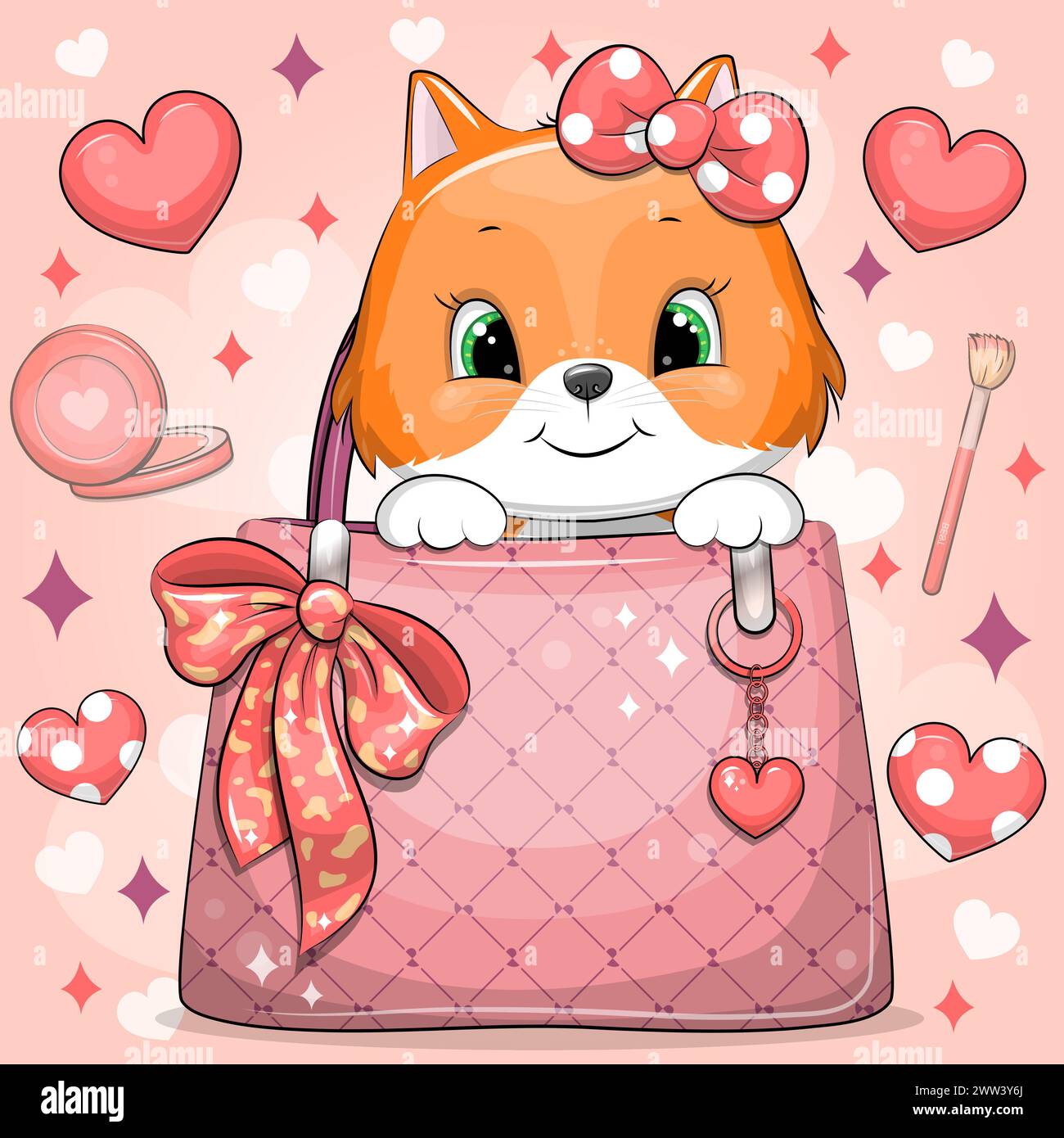 Cute cartoon fox sits in a woman's bag. Vector illustration of an ...