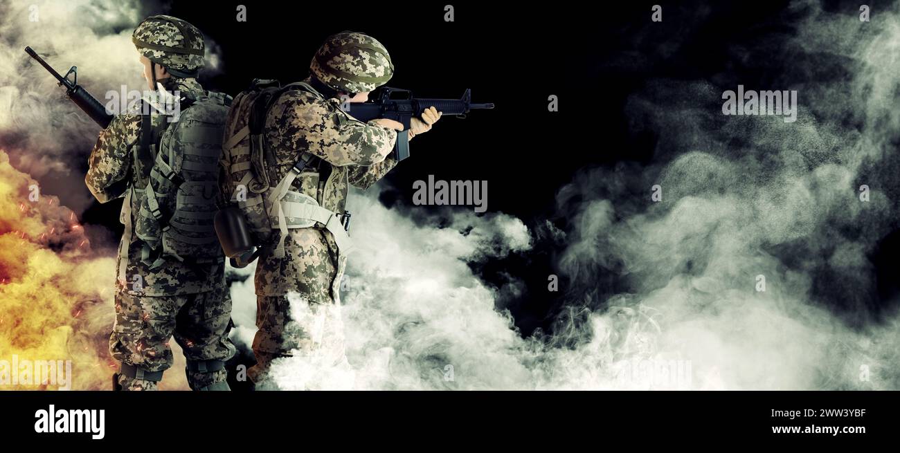 Armed soldiers in smoke on black background, space for text Stock Photo ...