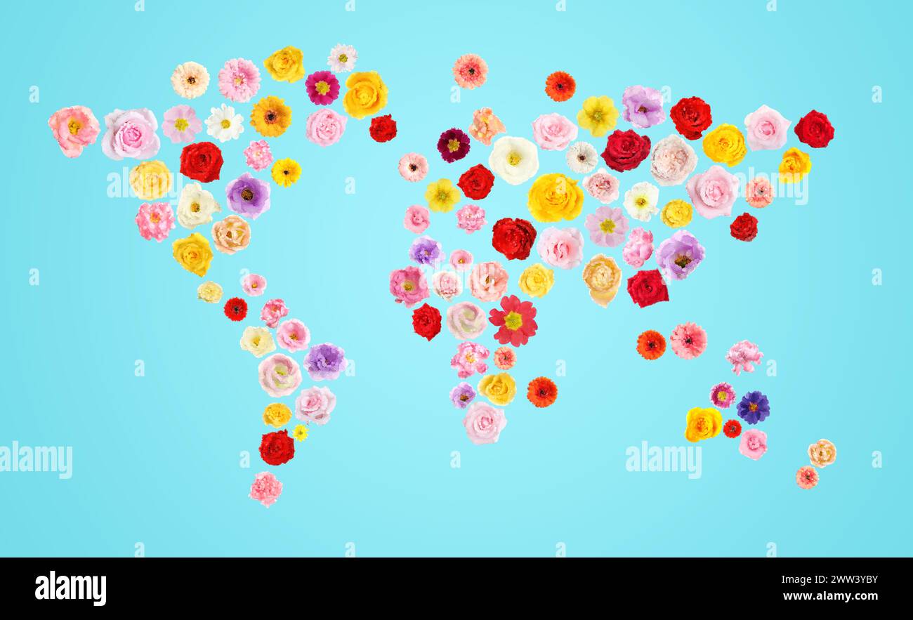 World map made of beautiful flowers on light blue background, banner ...