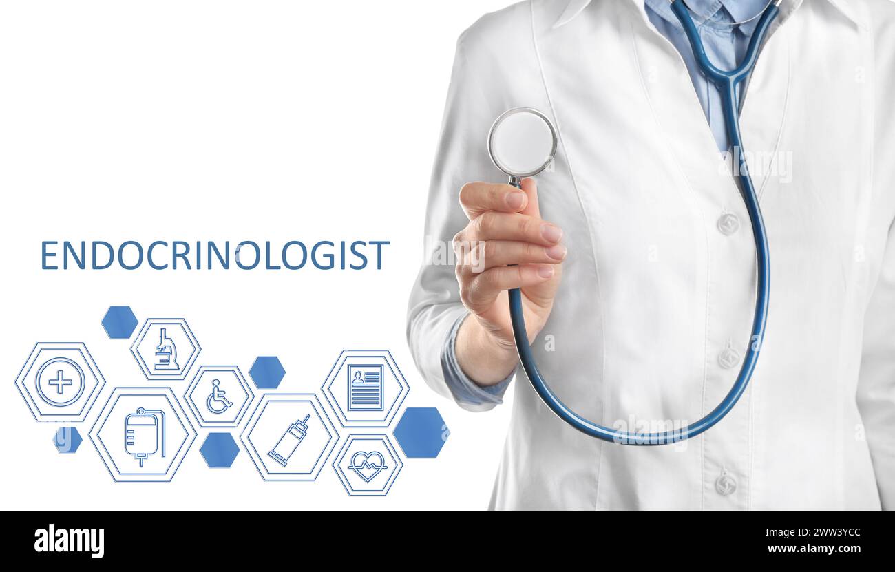 Endocrinologist with stethoscope and different icons on white ...