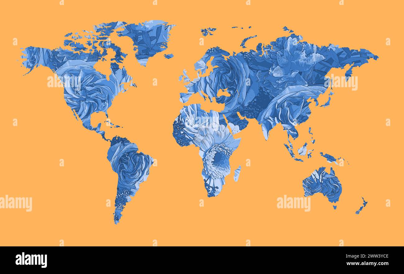 World map made of beautiful flowers on orange background, banner design ...