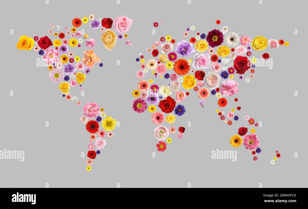 World map made of beautiful flowers on grey background, banner design ...