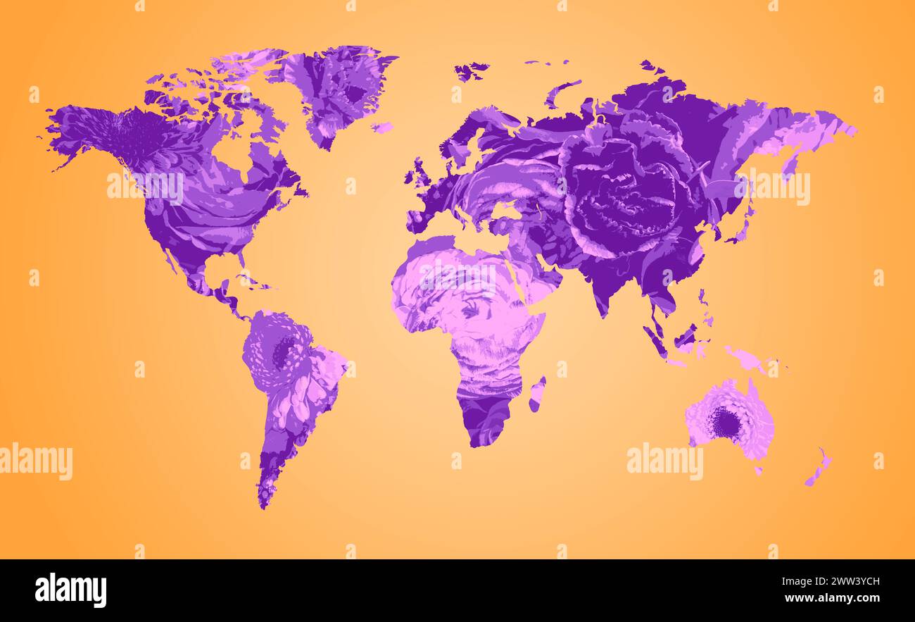 World map made of beautiful flowers on orange background, banner design ...