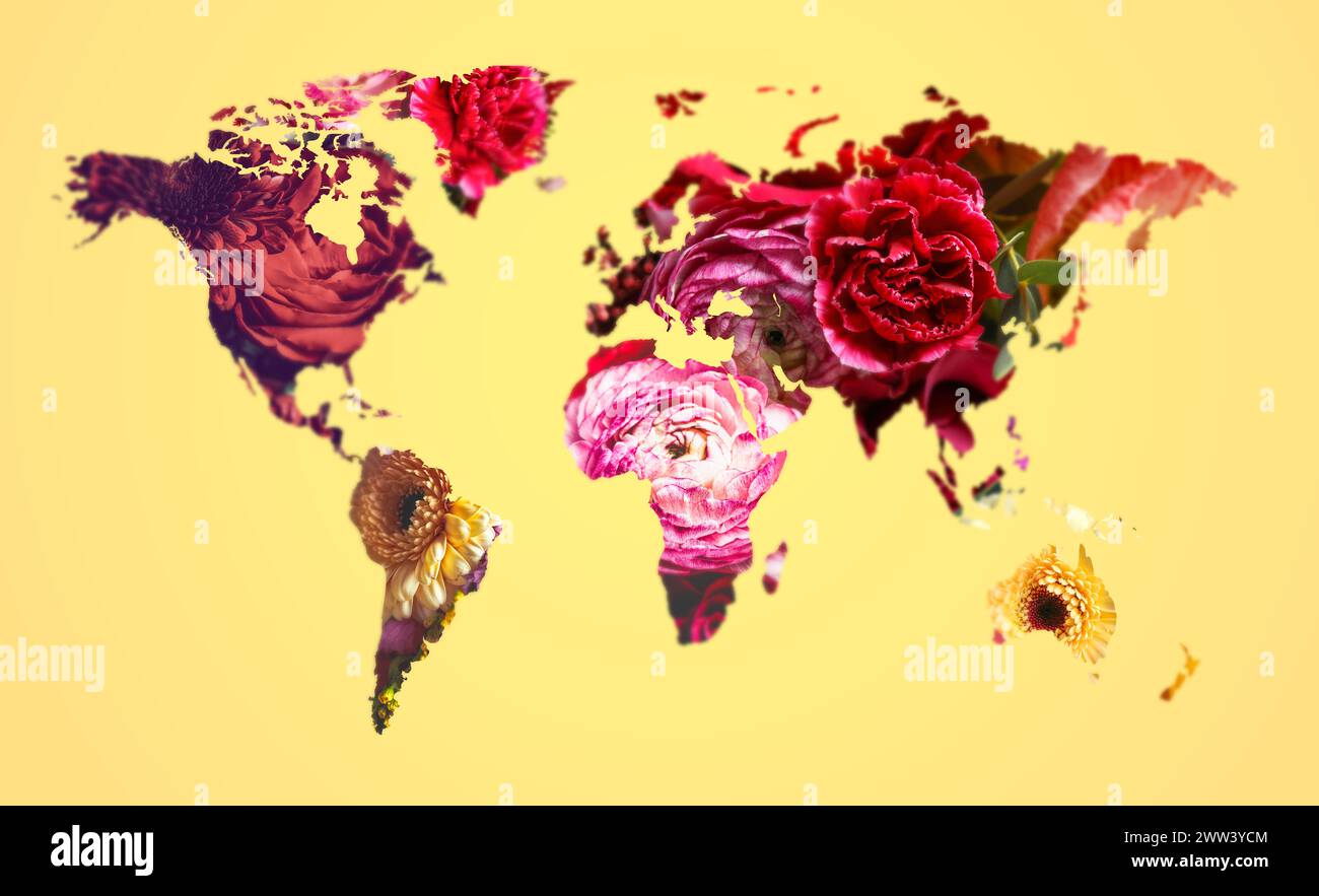 World map made of beautiful flowers on yellow background, banner design ...