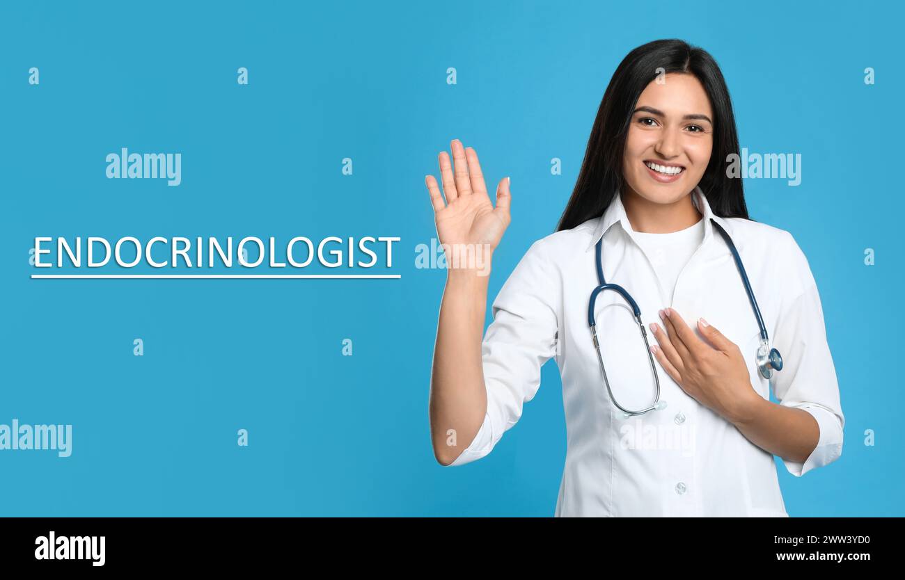 Endocrinologist with stethoscope on light blue background, banner ...