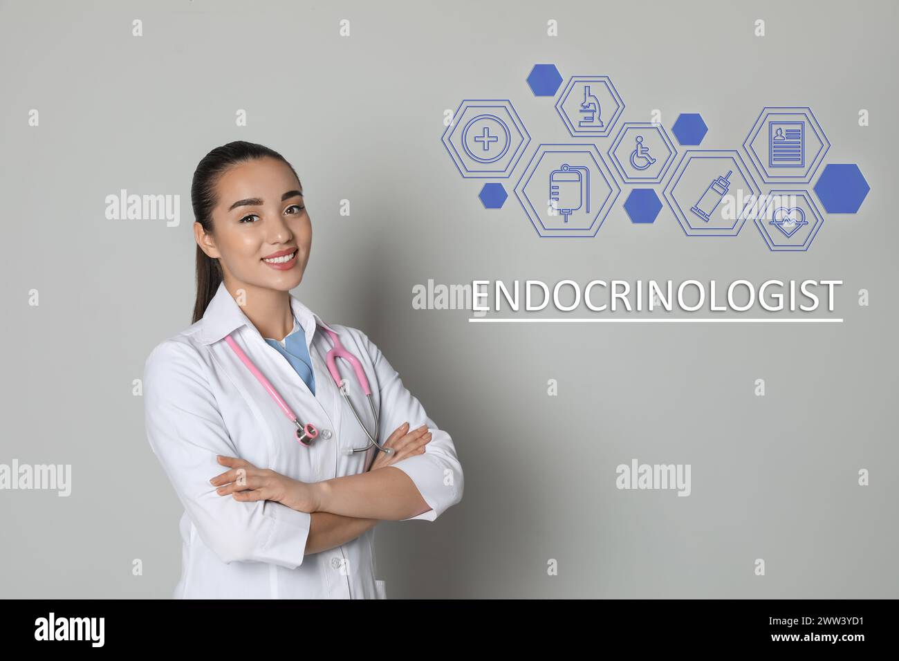 Endocrinologist, word and different icons on grey background Stock ...