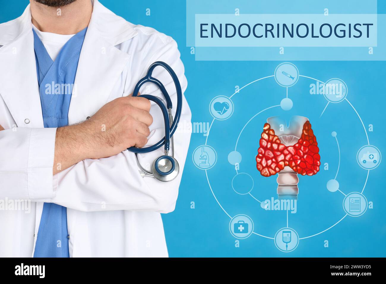 Endocrinologist with stethoscope on light blue background, closeup ...