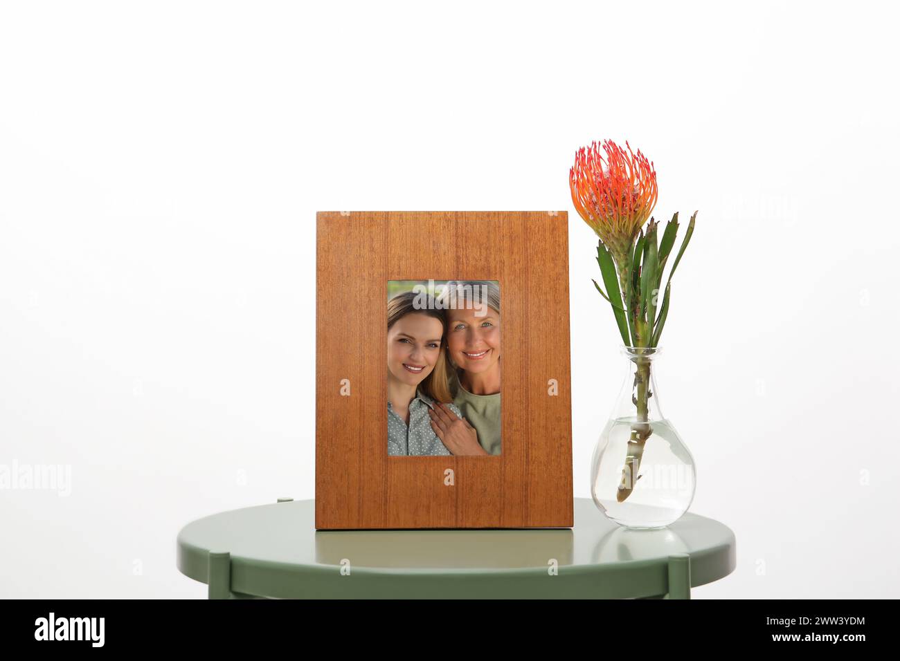 Family portrait of mother and daughter in photo frame on table against ...