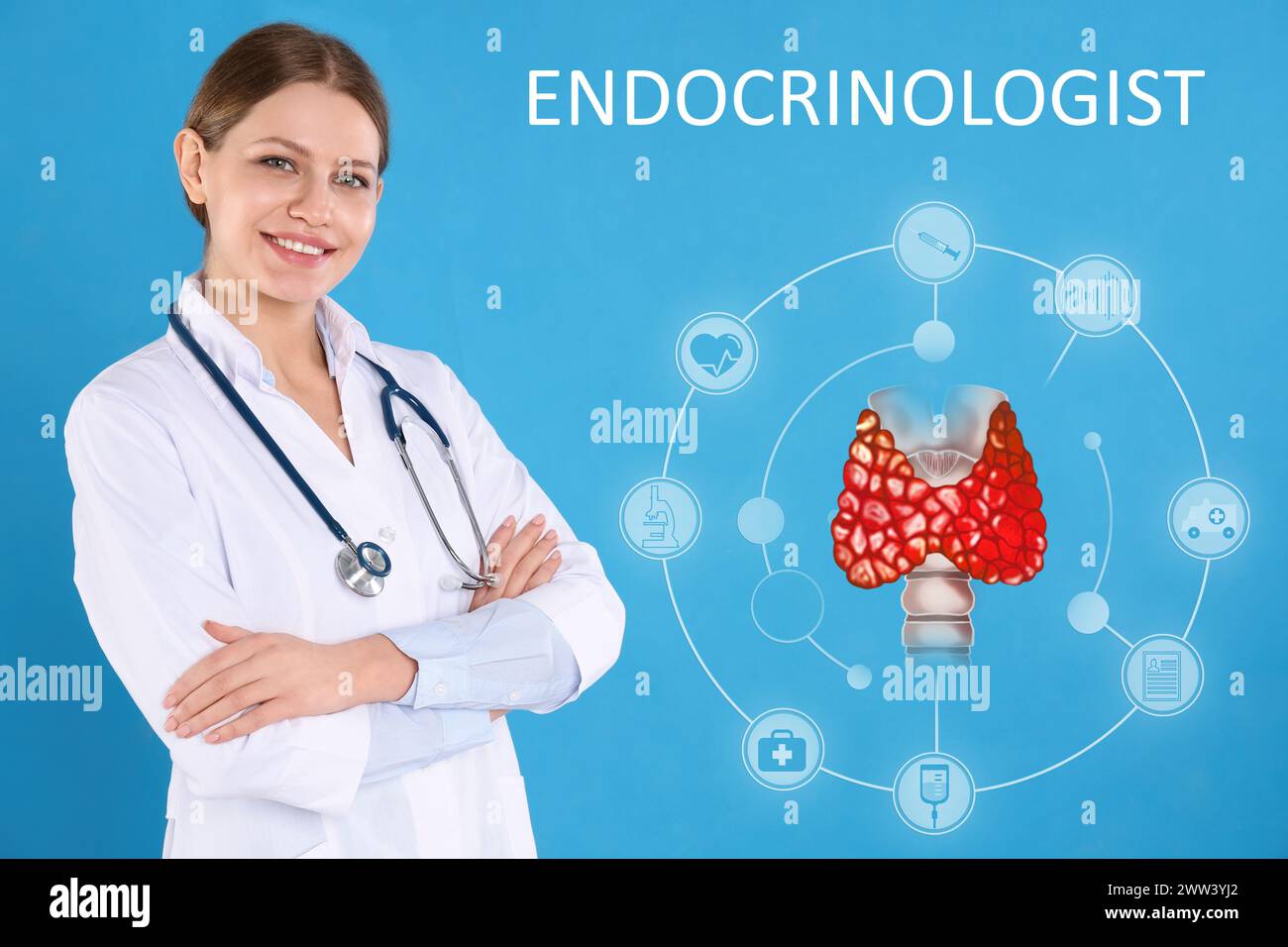Endocrinologist with stethoscope on light blue background. Thyroid ...