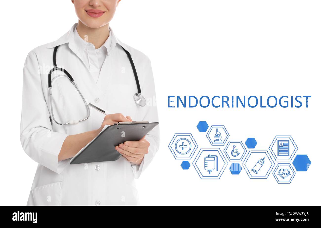 Endocrinologist with stethoscope and different icons on white ...