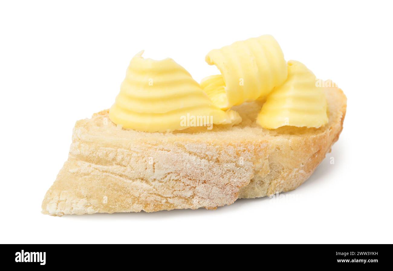 Tasty butter curl and slice of bread isolated on white Stock Photo - Alamy