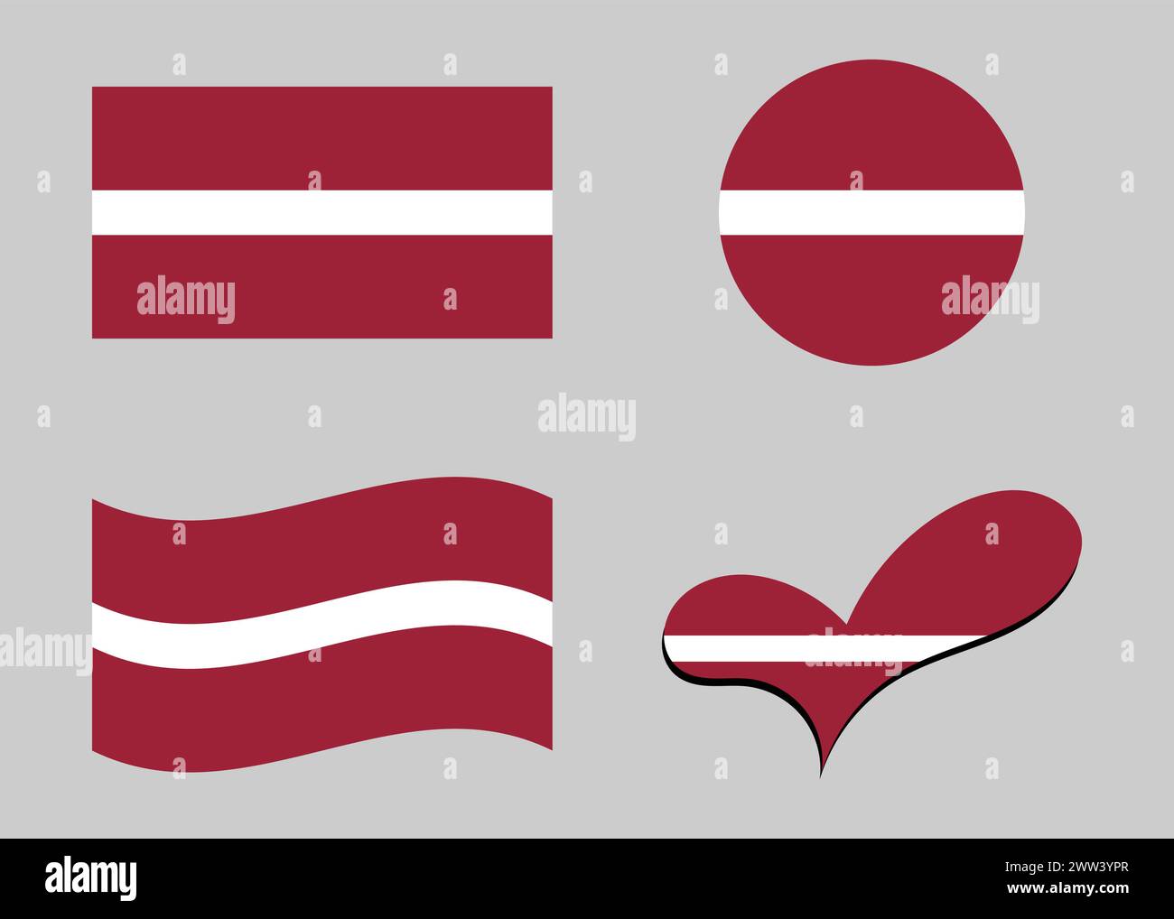 Flag of Latvia. Latvia flag in heart shape. Latvia flag in circle shape. Country flag variations ...