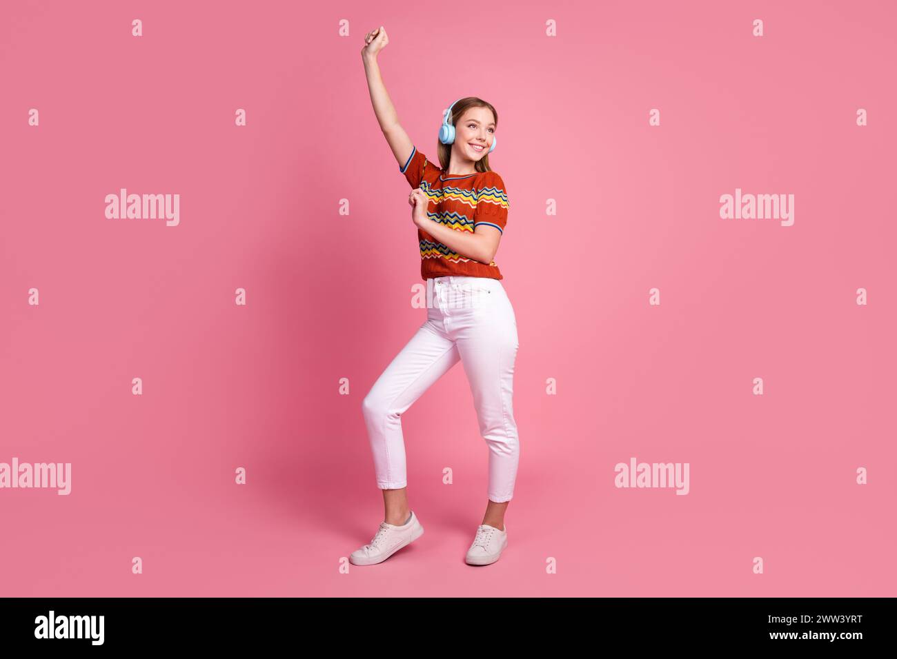 Full body portrait of overjoyed nice girl have good mood dancing listen ...