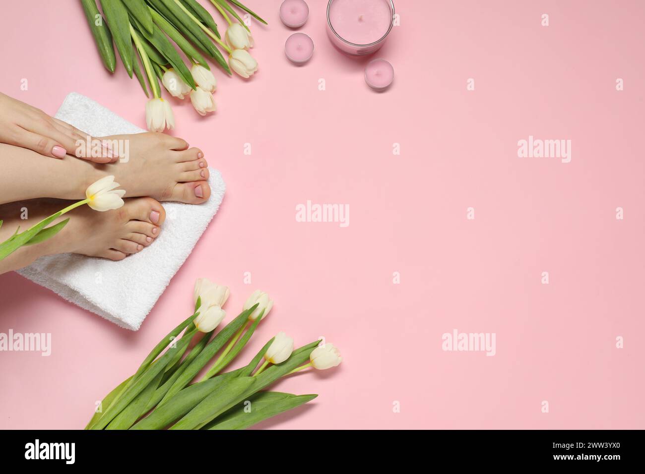 Closeup of woman with neat toenails after pedicure procedure on pink ...