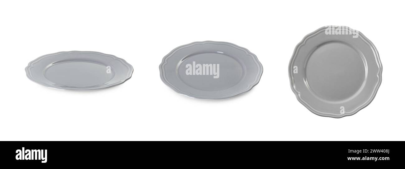 Empty ceramic plate isolated on white, set with different views Stock ...