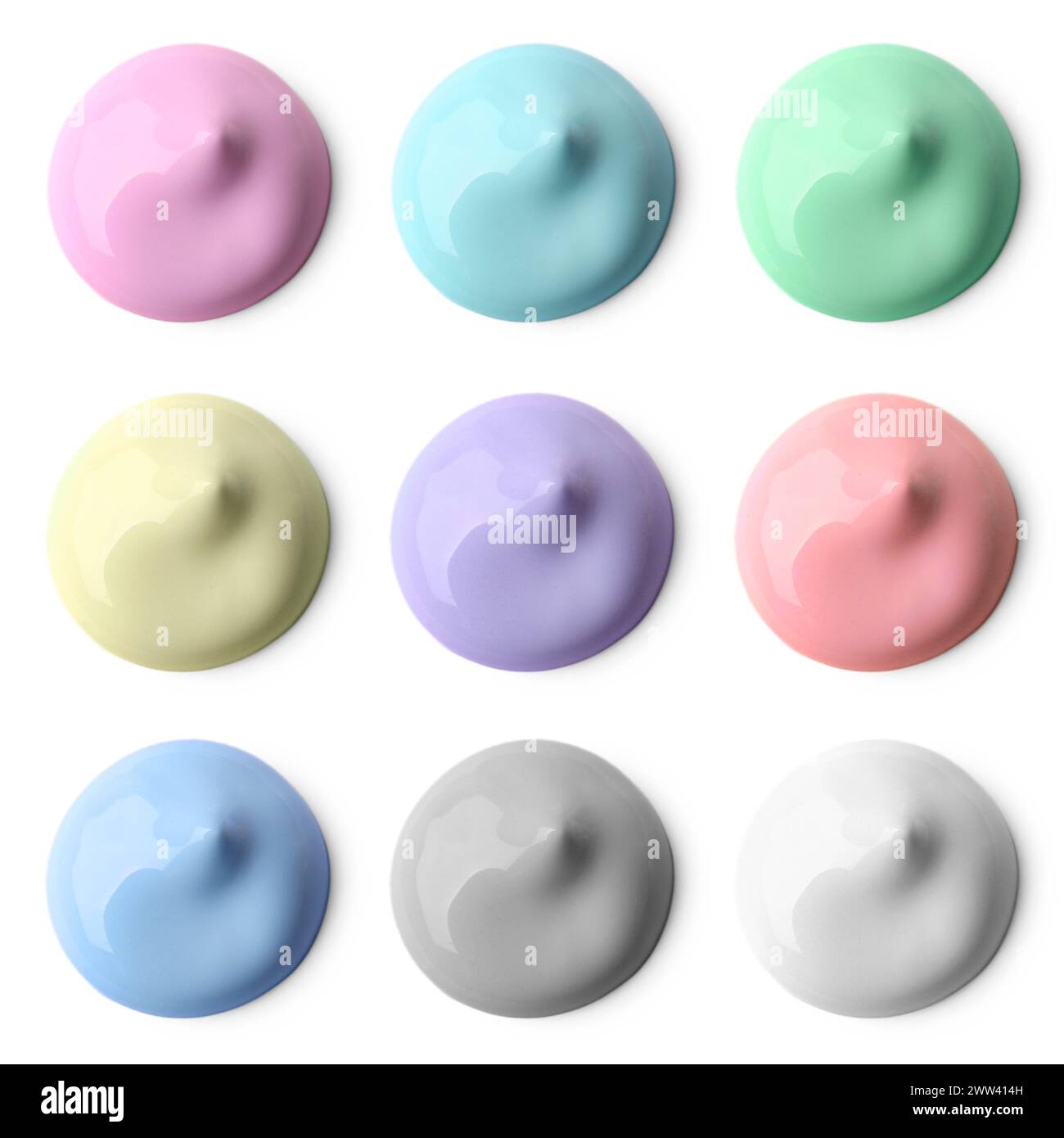 Paint blobs of different colors on white background, top view Stock ...