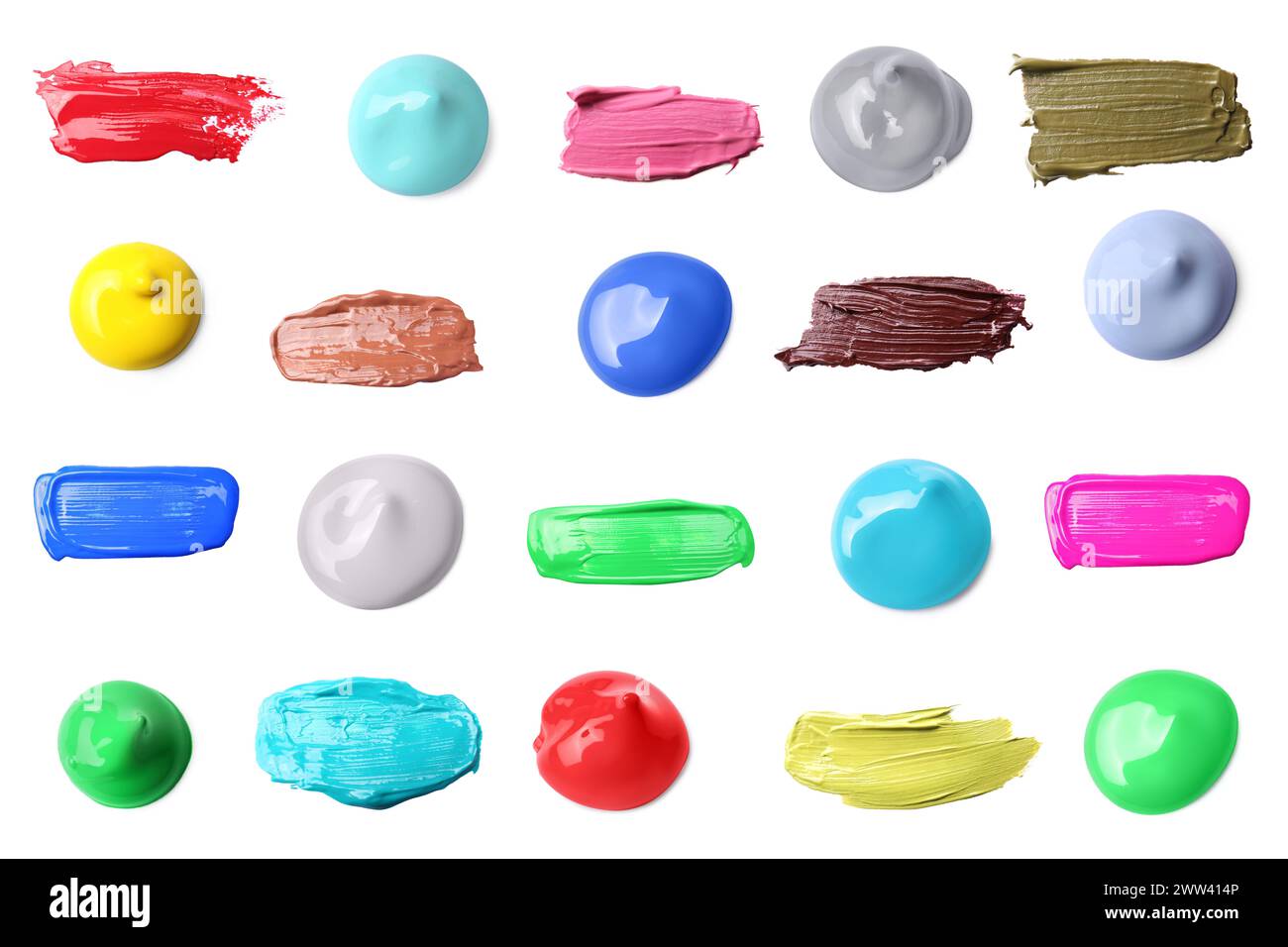 Paint blobs and strokes of different colors on white background, top ...