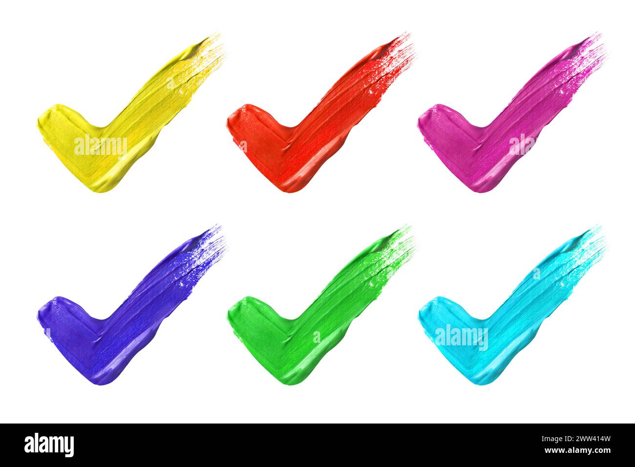 Paint strokes in shape of tick marks on white background, top view ...