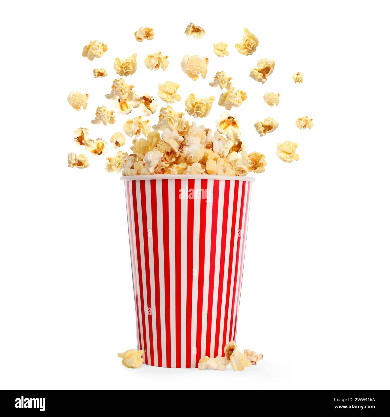 Popcorn flying into bucket on white background Stock Photo - Alamy