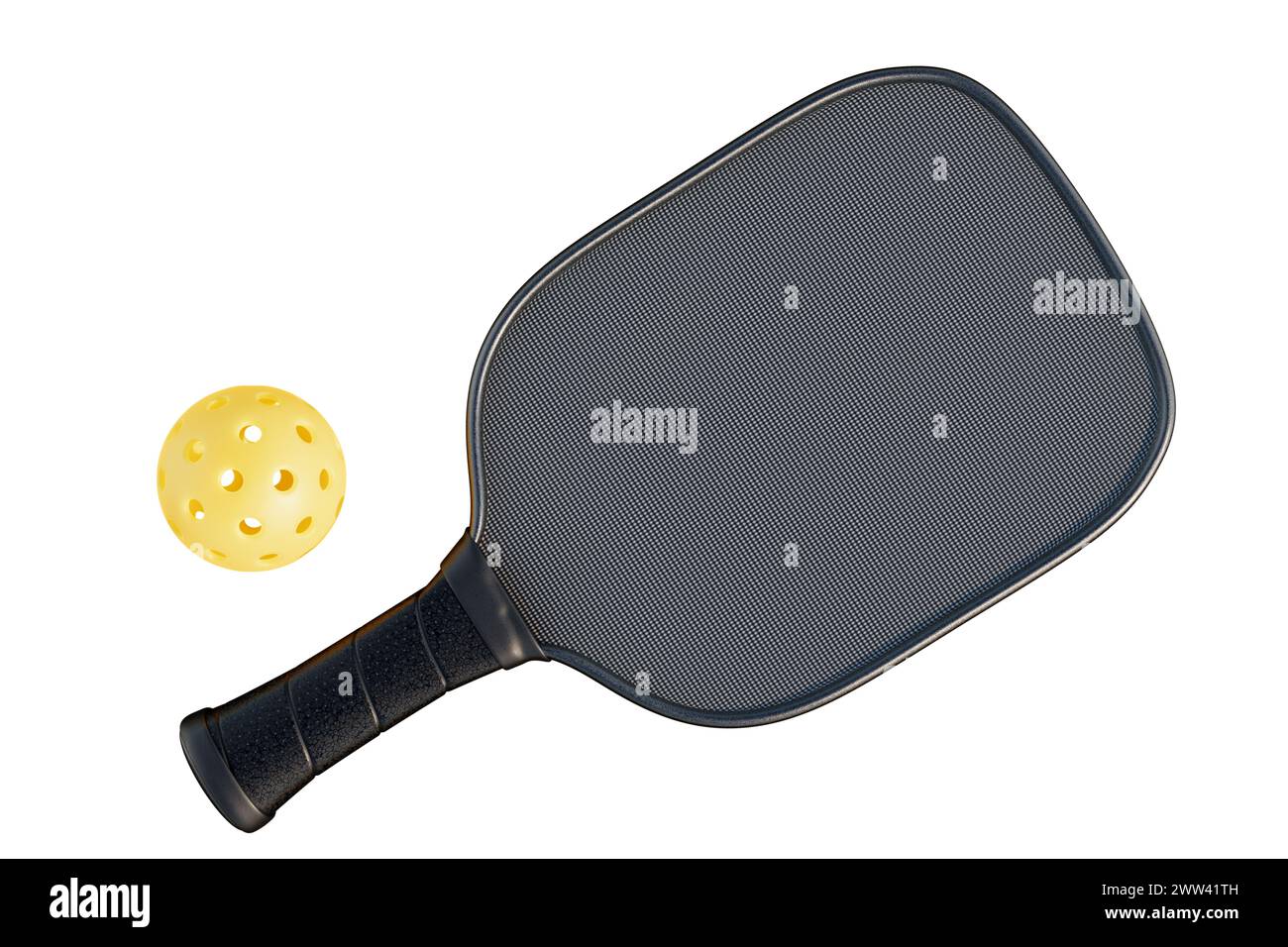 Black racket and yellow pickleball ball on isolated background. 3d ...