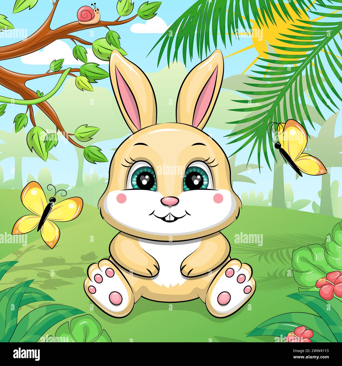 Cute cartoon baby rabbit in nature. Vector illustration of an animal in ...