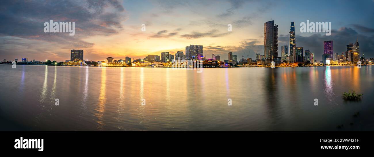 Cityscape of Ho Chi Minh at night with bright illumination of modern ...