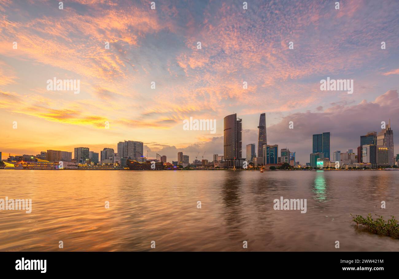 Cityscape of Ho Chi Minh at night with bright illumination of modern ...
