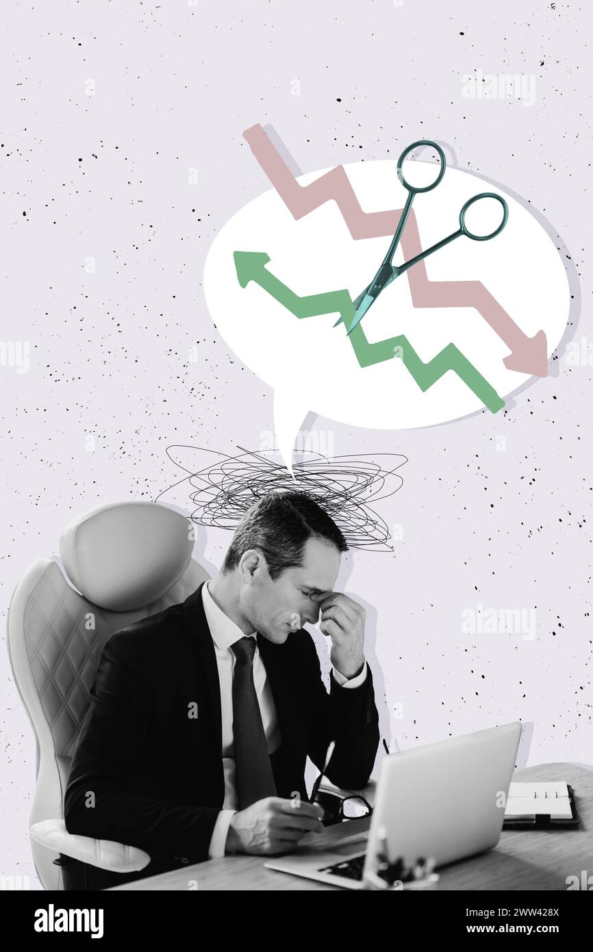 Vertical photo collage of exhausted businessman workplace failure ...