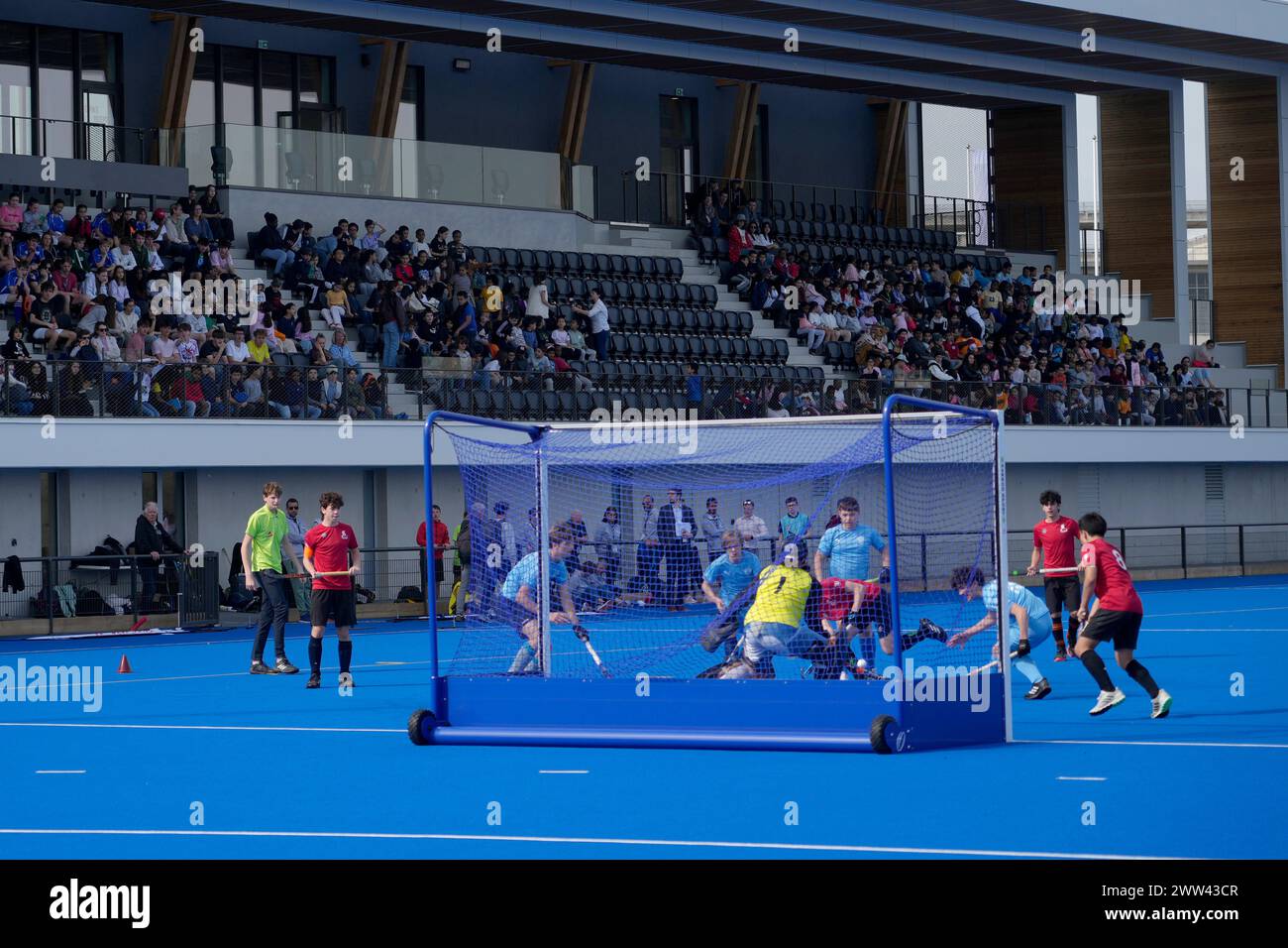 Youths play at the renovated Yves-du-Manoir stadium in Colombes ...