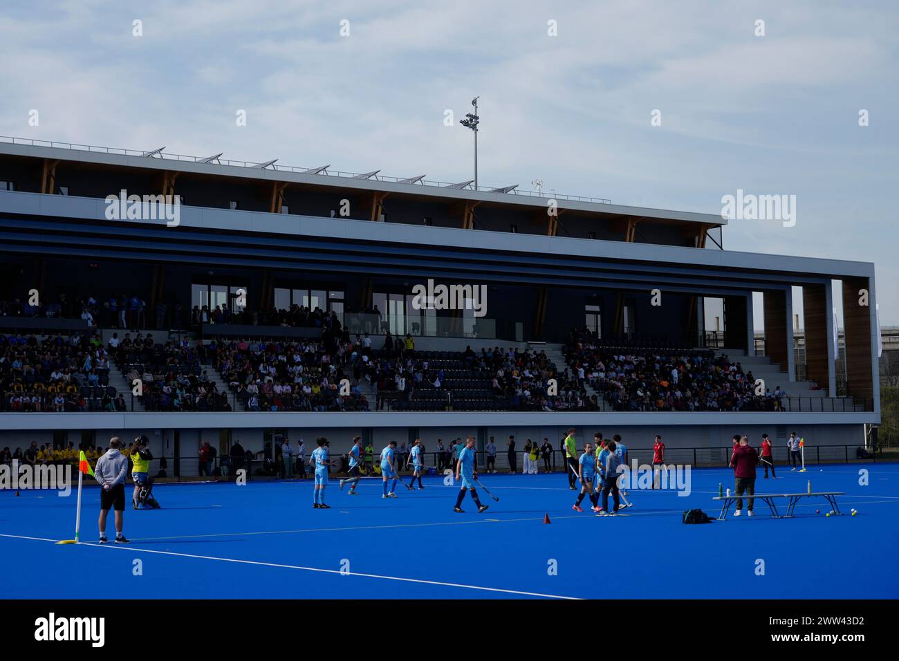 Youths play at the renovated Yves-du-Manoir stadium in Colombes ...