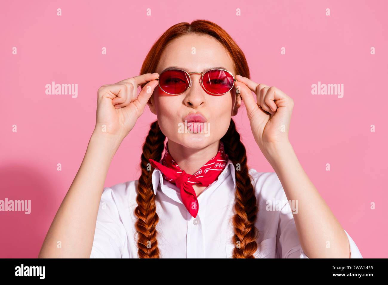Photo of tricky flirty lady dressed cowboy outfit arms dark red eyewear ...