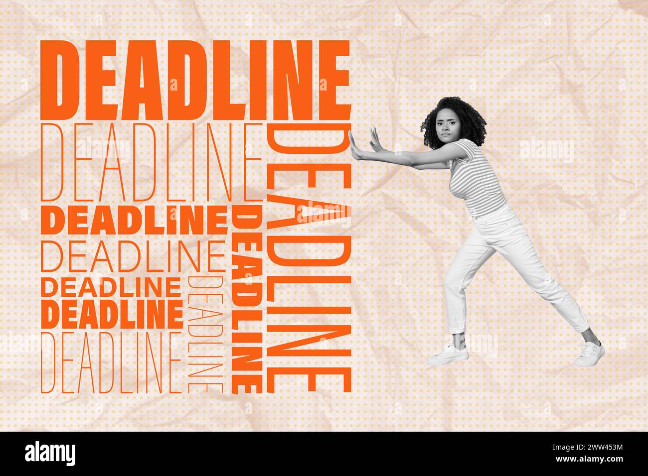 Creative collage image of mini black white effect girl arms push big ...