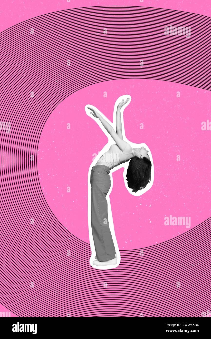 Vertical collage picture of black white colors peaceful girl dancing ...