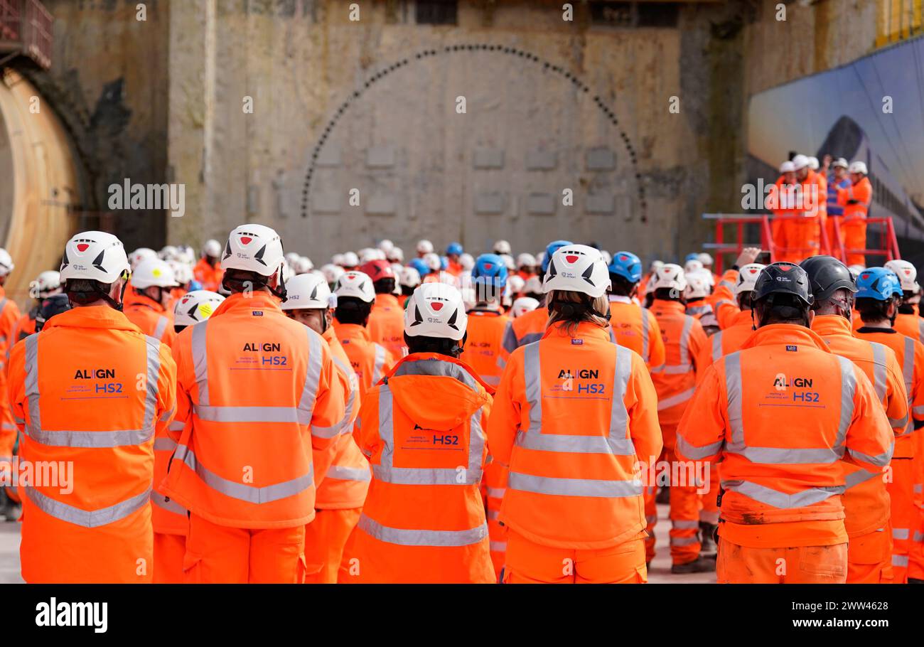 HS2 workers gather around as they await boring machine Cecelia breaking ...