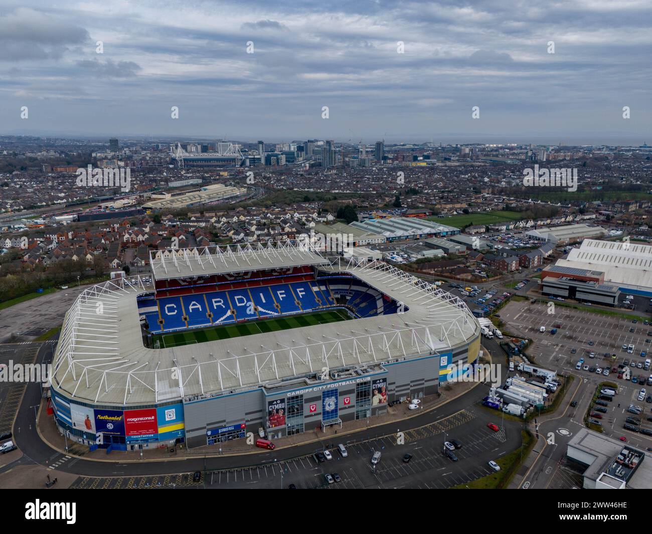 Cardiff, UK. 21st March 2024. Aerial view of The Cardiff City Stadium ...