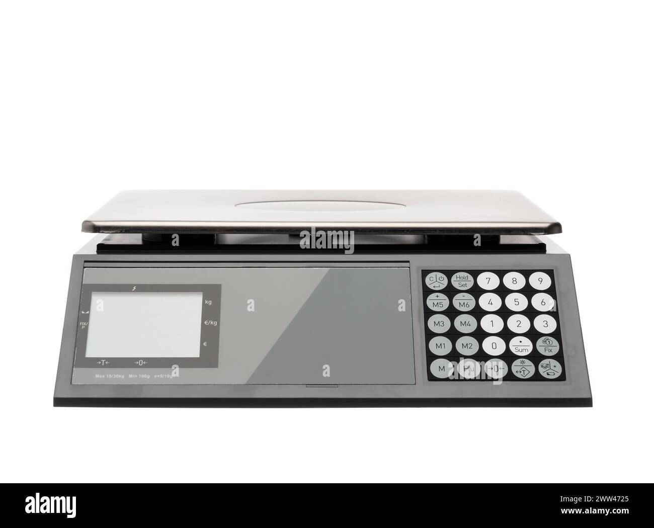 Industrial scale for weighing items and food for sale. Gray metal ...