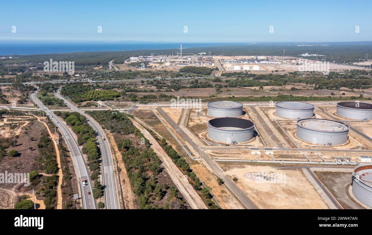 Portugal Sines oil terminal storage tanks, aerial view, oil and gas ...