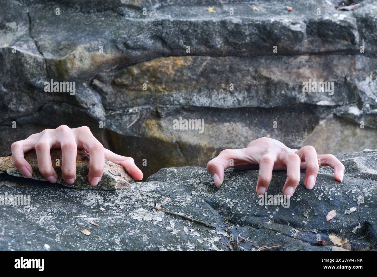Open hand with horror Gesture impression isolated on rocks background ...