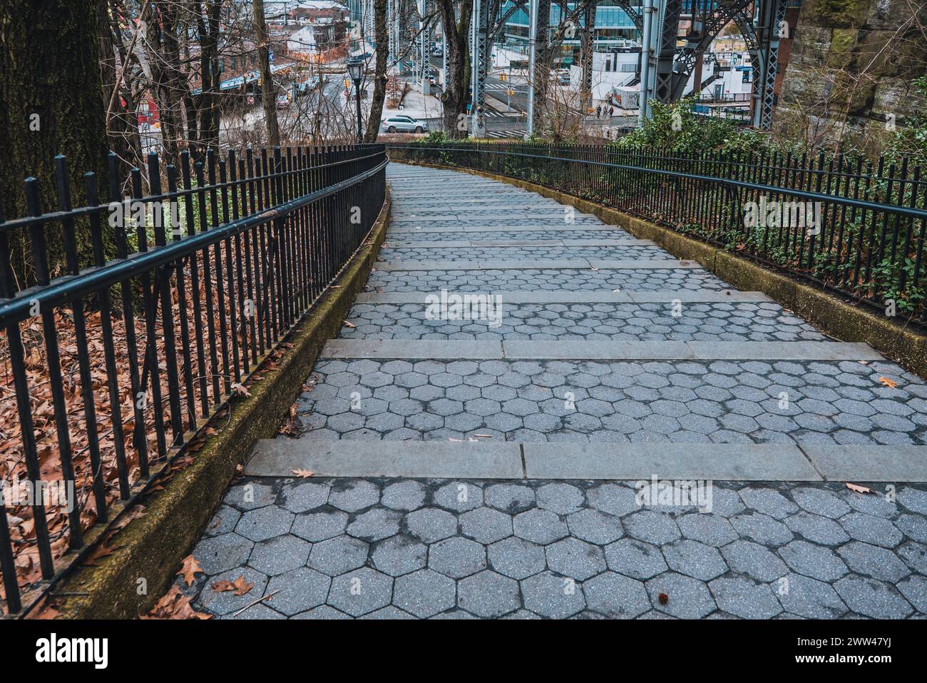 Looking Down the tree-lined St. Clair Stairs in Riverside Park, New ...
