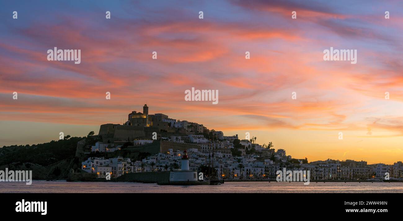 Panoramic view of Ibiza old town and harbor at sunset, Ibiza Island ...