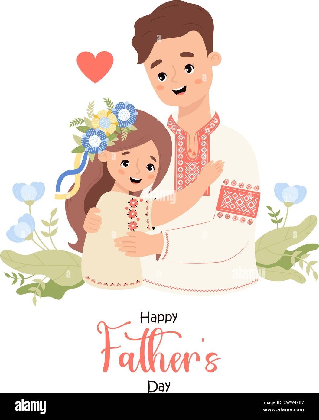 Happy Father's Day card. Ukrainian man and daughter with floral wreath ...