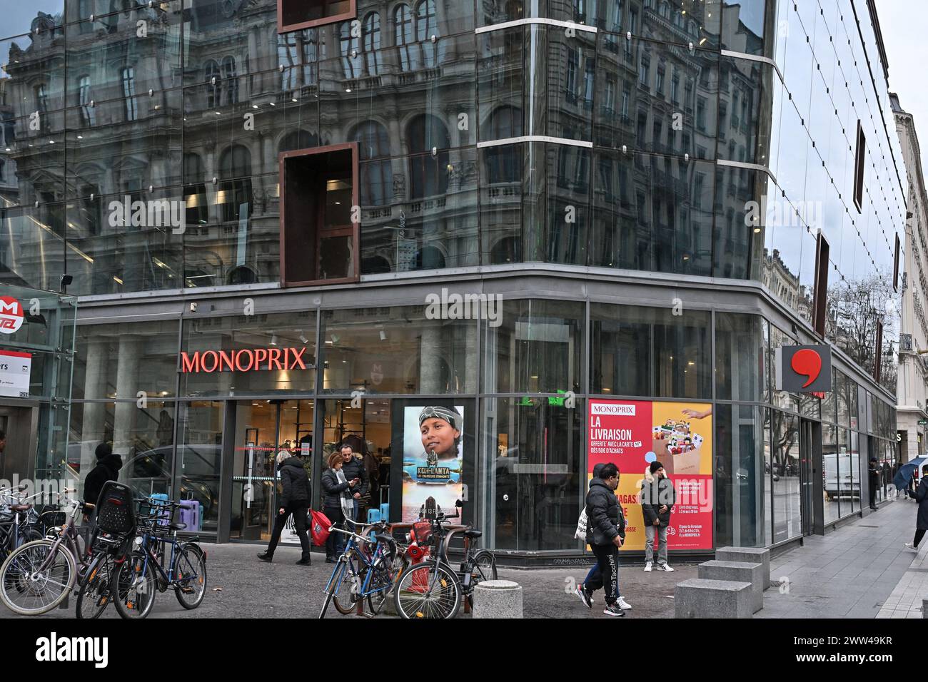 Monoprix Illustration of commercial signs and shops in Lyon, France on ...