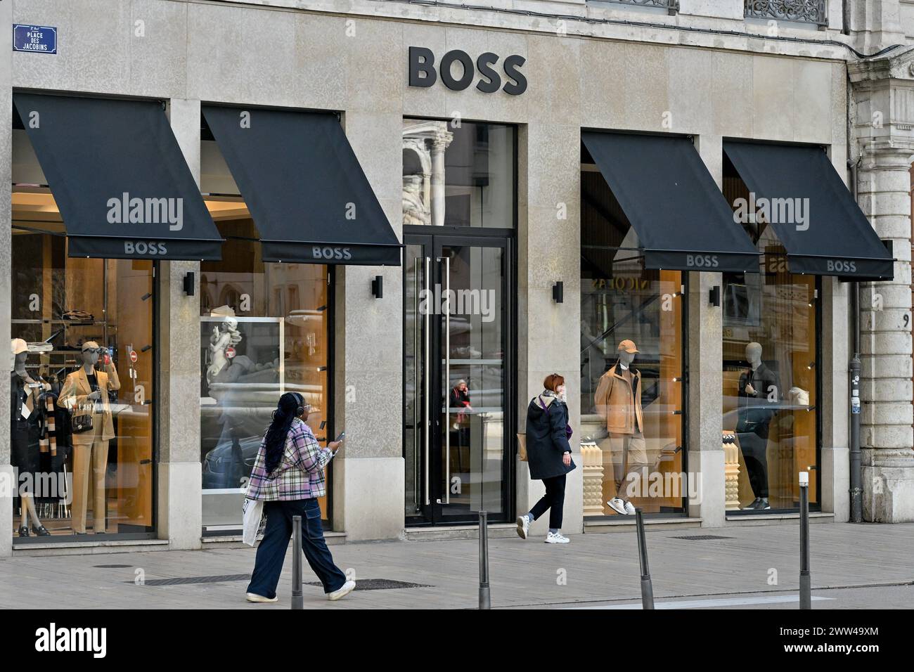 Boss Illustration of commercial signs and shops in Lyon, France on February 16, 2024. Photo by ...