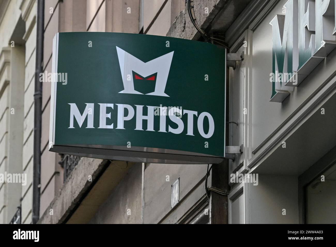 Lyon, France. 16th Feb, 2024. Mephisto Illustration of commercial signs ...
