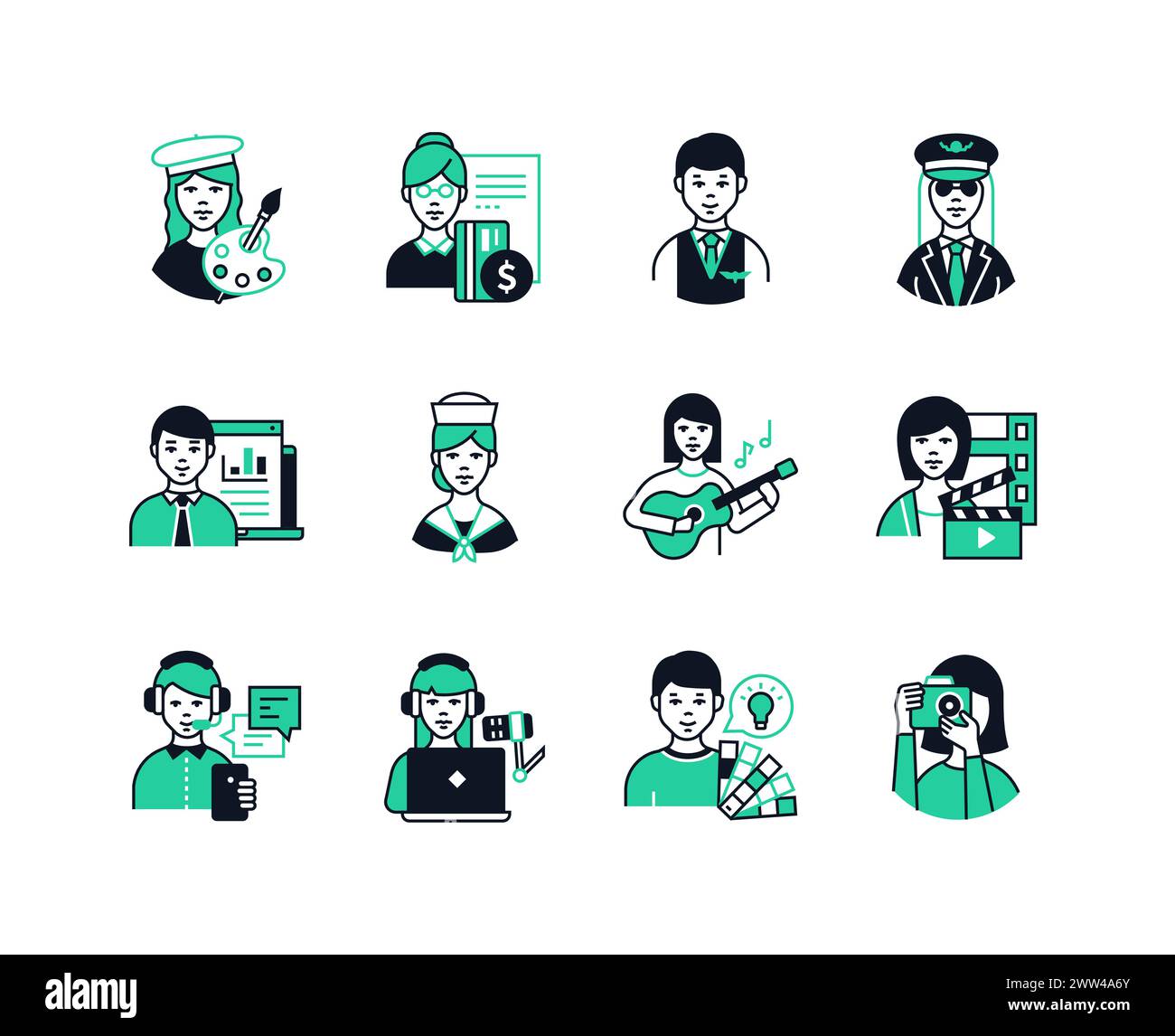 Professions for women and men - line design style icons set Stock ...